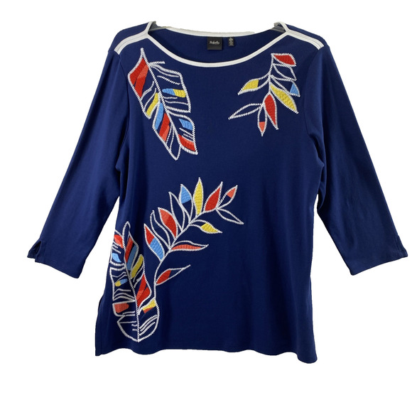 Rafaella | Tops | Rafaella Top Womens Xl Blue Artsy Embroidered Leaves ...